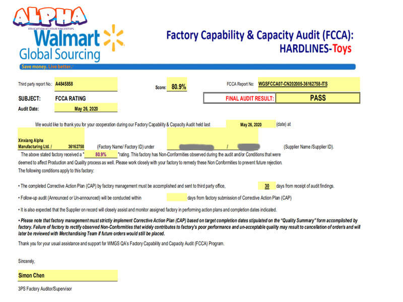 Alpha science toys: Passed Wal-Mart FCCA Audit - Alpha Manufacturing Ltd